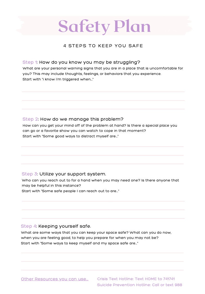 Safety Plan Worksheet PDF - Etsy