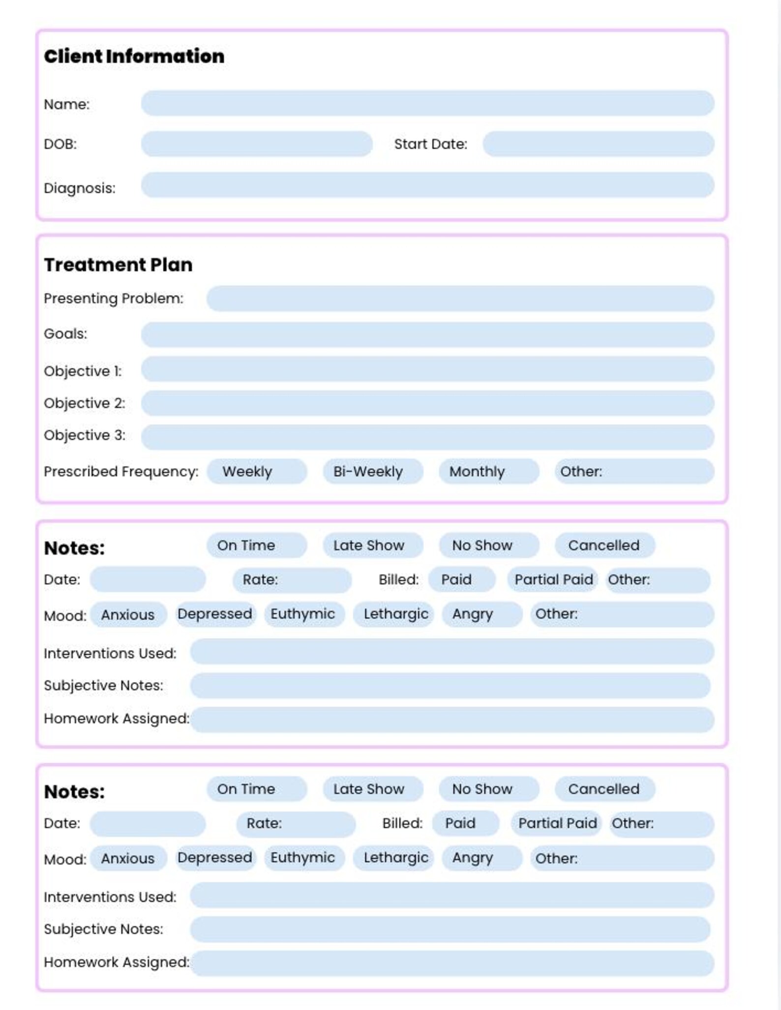 Individual Client Note & Treatment Plan Template- EDITABLE CANVA ...