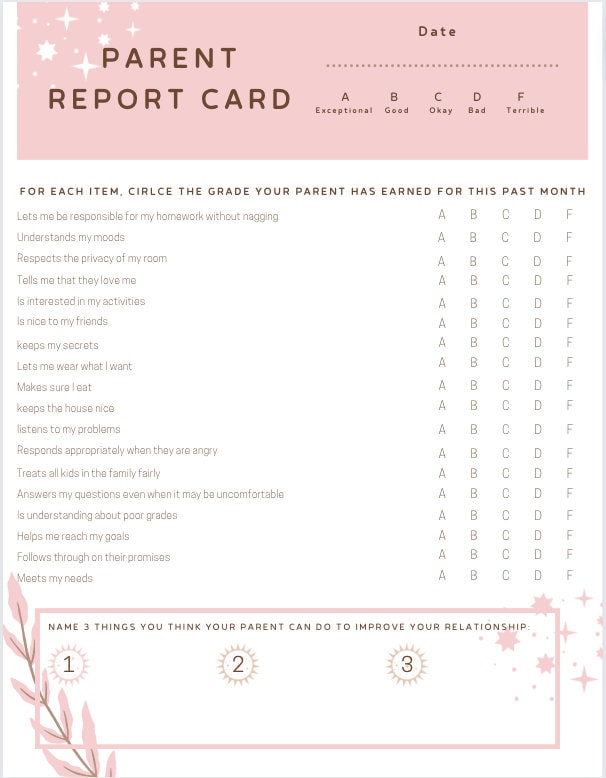 Parent Report Card Template- for Parents and Kids - Etsy