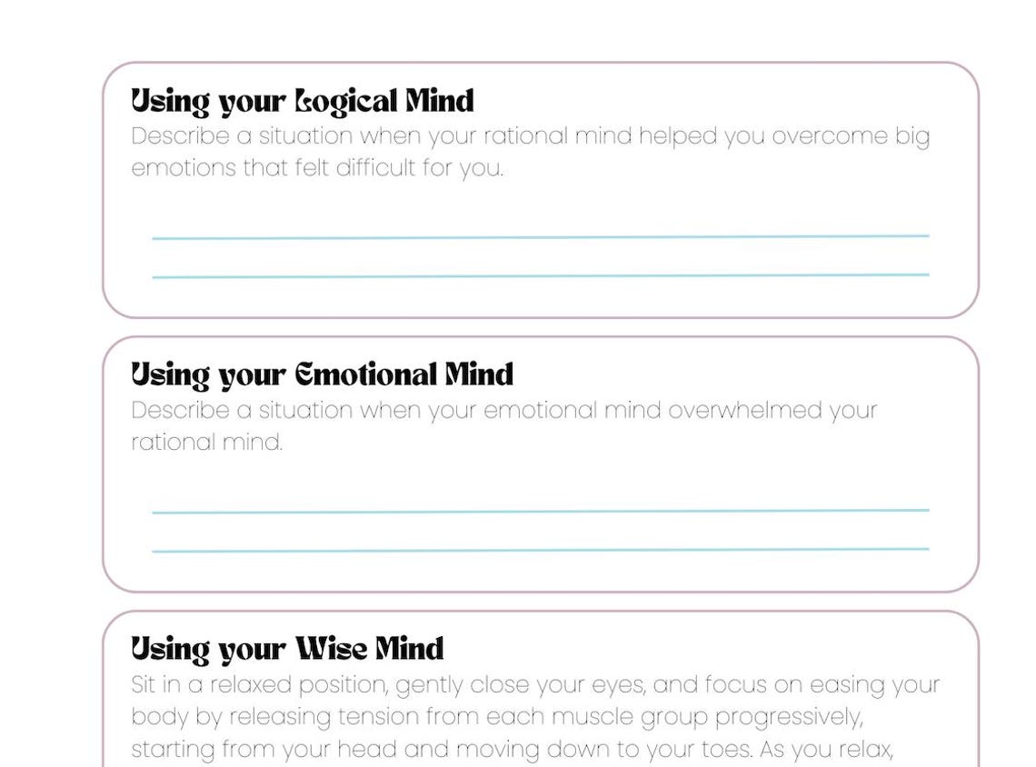 DBT Wise Mind Worksheet PDF - Etsy