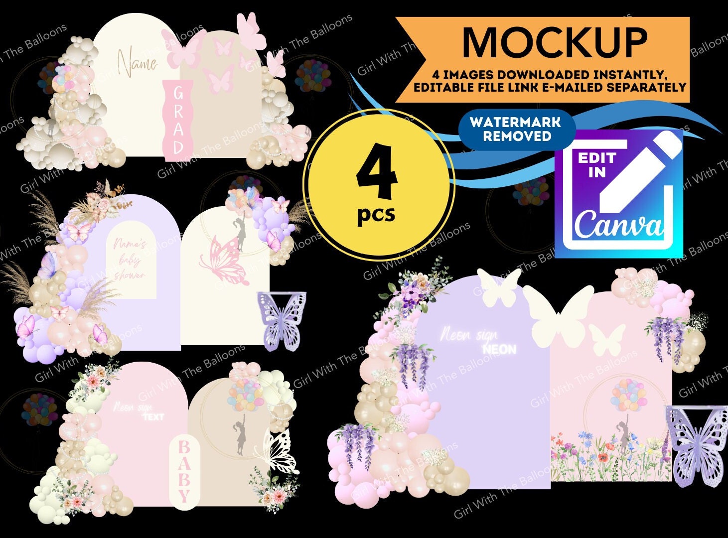 EDITABLE IN CANVA Pastel Butterflies Flowers, Backdrop and Balloon ...