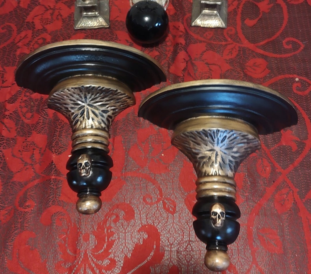 Set of Two Wall Shelves Black and Gold Gothic Skull Wall Candle Holders ...