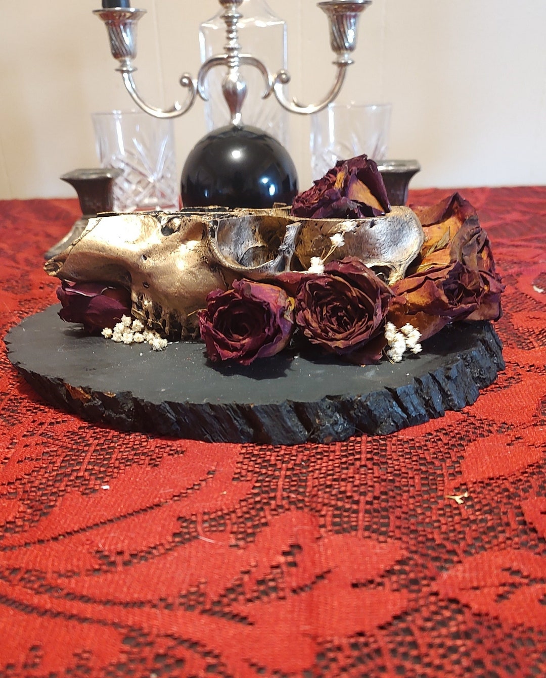 Gold Sheep Skull Taxidermy Art, Dried Roses Gothic Decor - Etsy