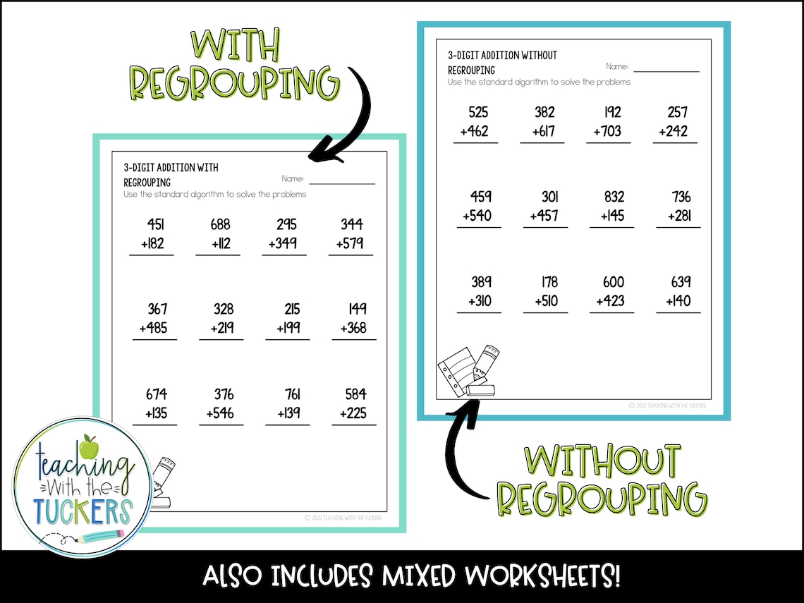 3 Digit Addition Standard Algorithm Worksheets - Etsy