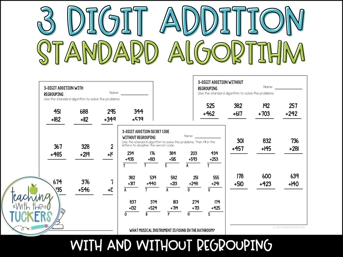 3 Digit Addition Standard Algorithm Worksheets - Etsy