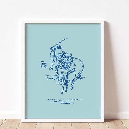 Retro Cowboy Wall Art Blue Western Print Cowboy Print - Etsy