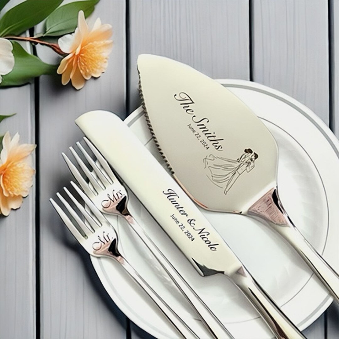 Personalized Wedding Cake Cutting Set and Forks, Gold Cake Knife and ...