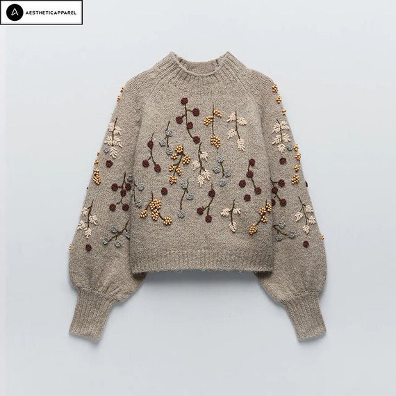 Flower Sweater Floral Embroidered Knitted Sweater Gray Etsy