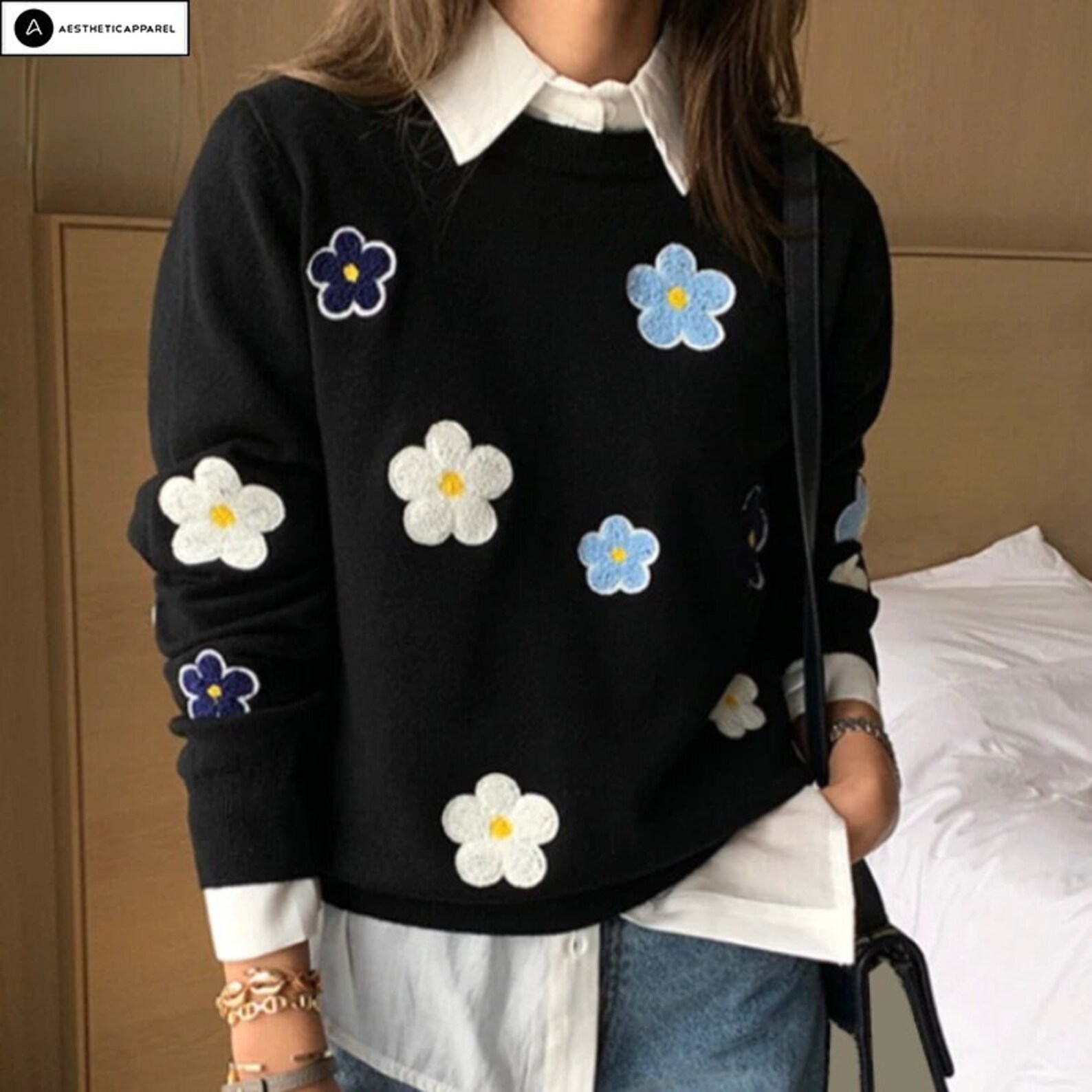 Flower Embroidered Sweater Floral Pattern Sweatshirt Black Etsy