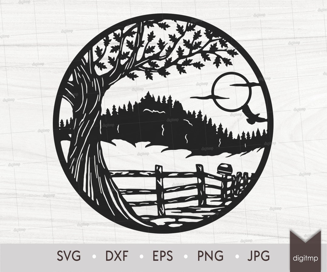Oak Tree With Rustic Fence Forest Landscape Scene. Laser Cut Template ...
