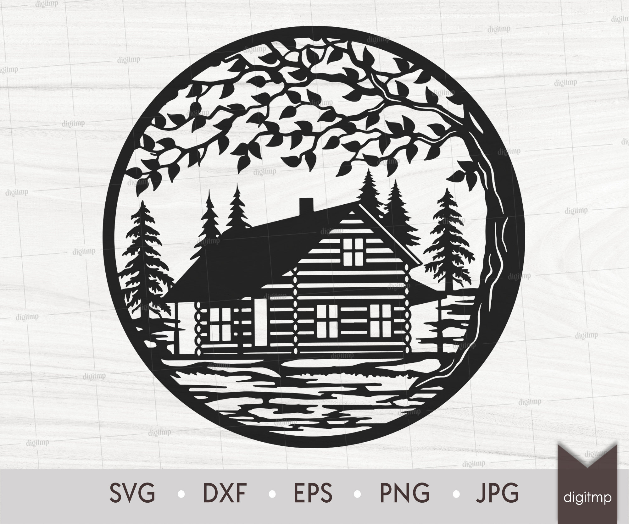 Tree and Wood Cabin in Forest Scene. Laser Cut Template. Nature Scene ...