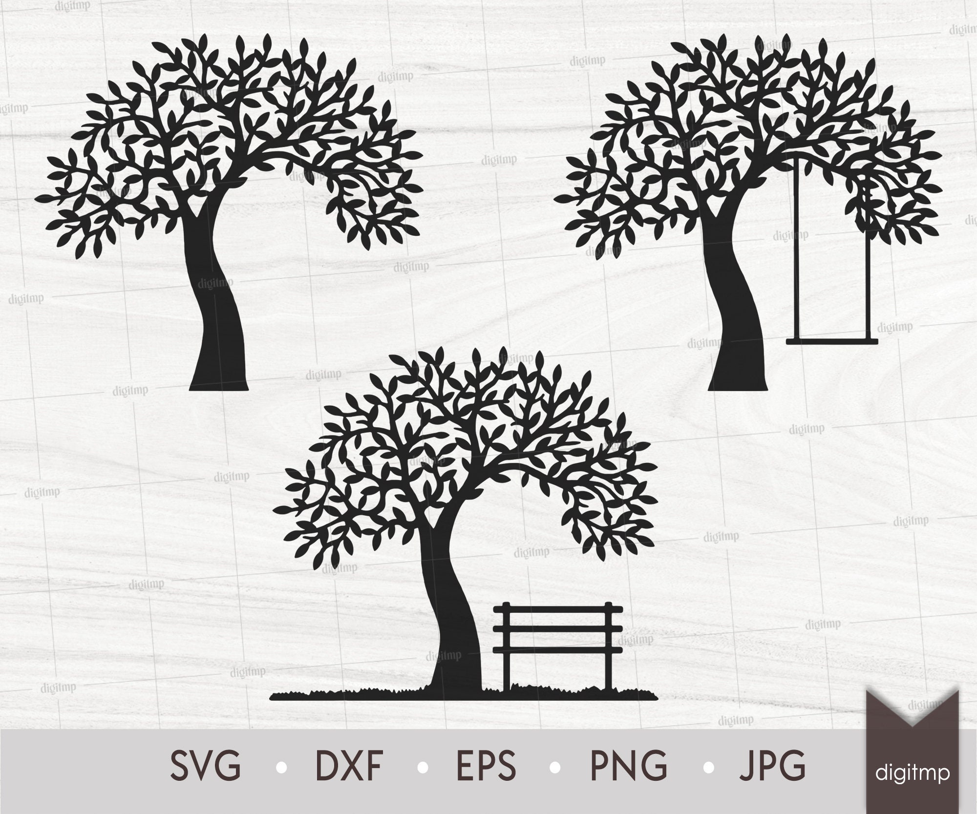 Tree With Swing, Bench and Grass Laser Cut Template: Trees Scene (SVG ...