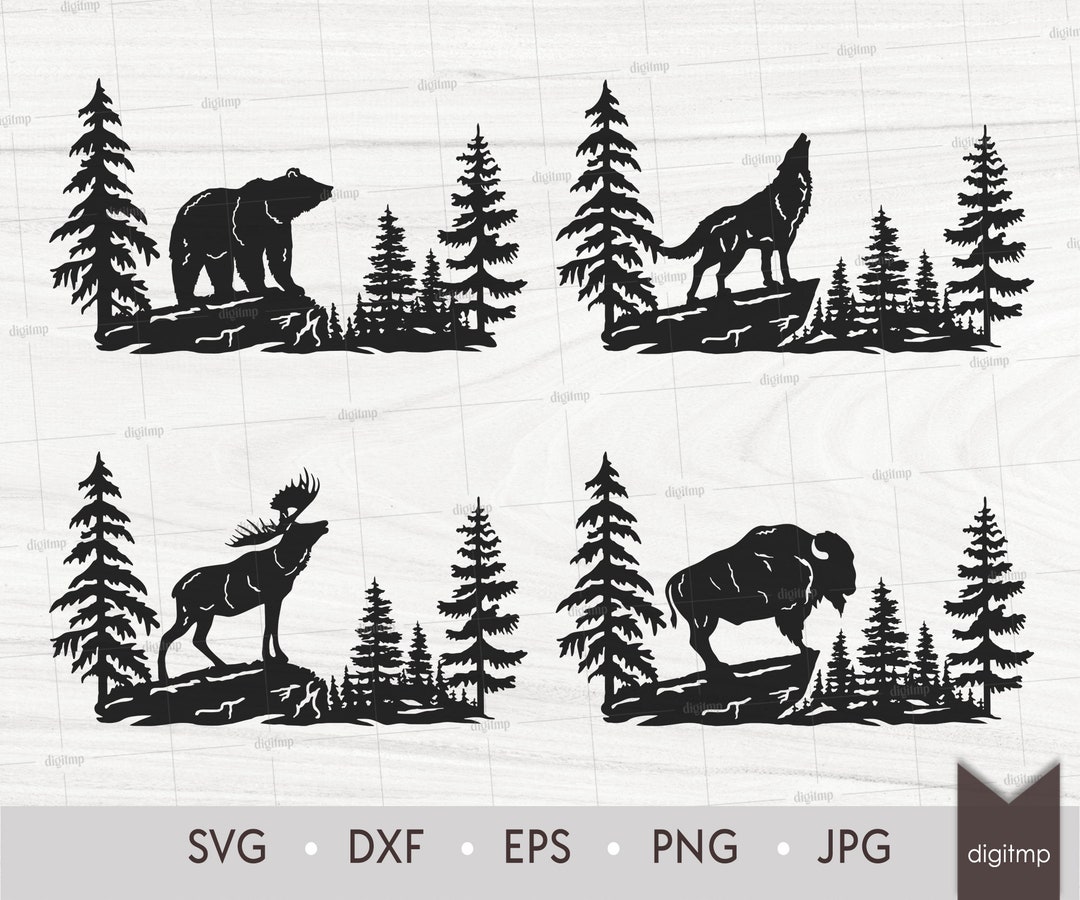 Walking Bear. Howling Wolves. Moose and Buffalo in Mountains Set Twinni ...