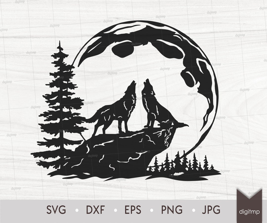 Full Moon Over Howling Wolves on Cliff in Forest Scene. Laser Cut ...