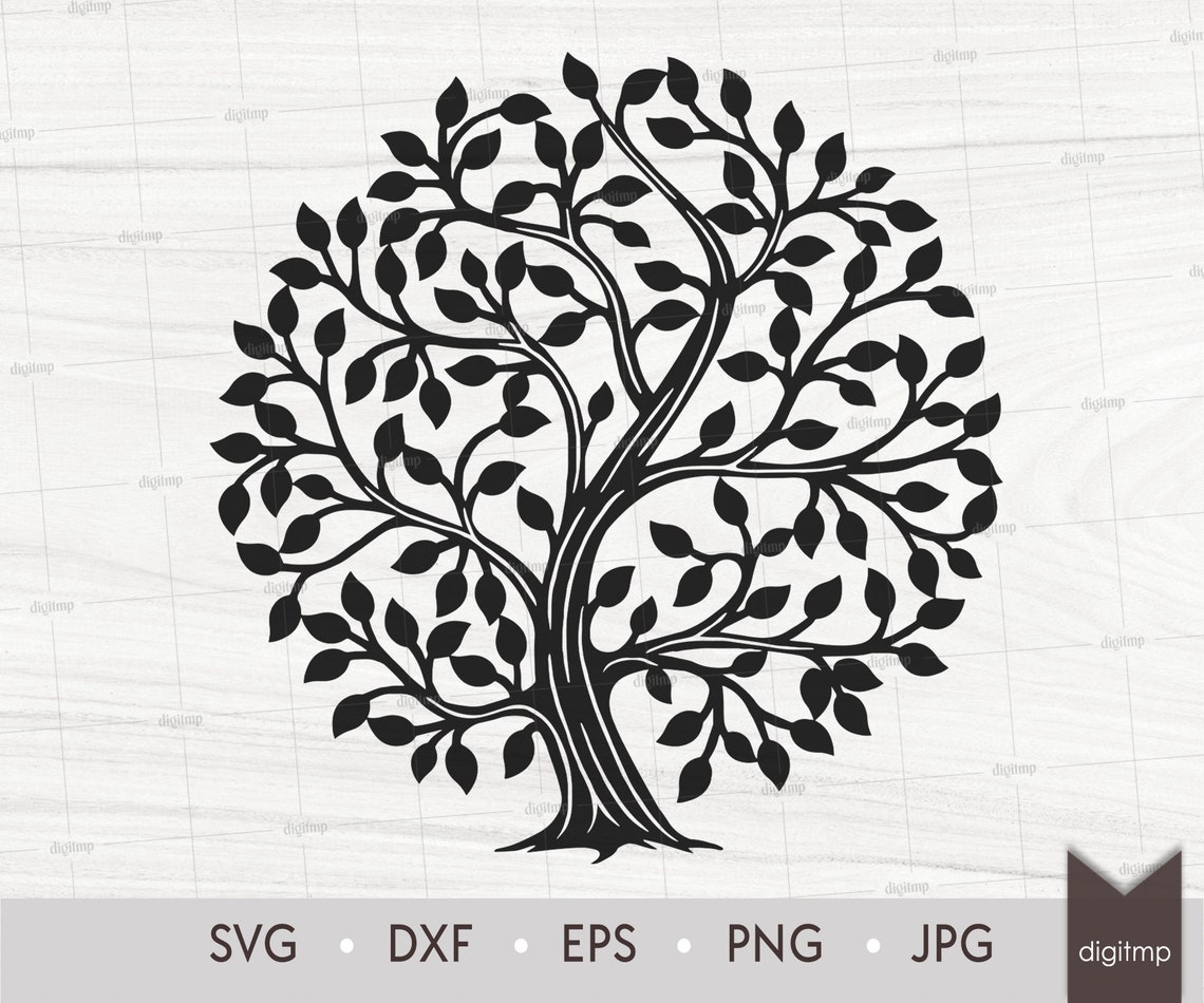 Round Leafy Tree Laser Cut Template: Trees Wall Art (SVG, DXF, Clipart ...