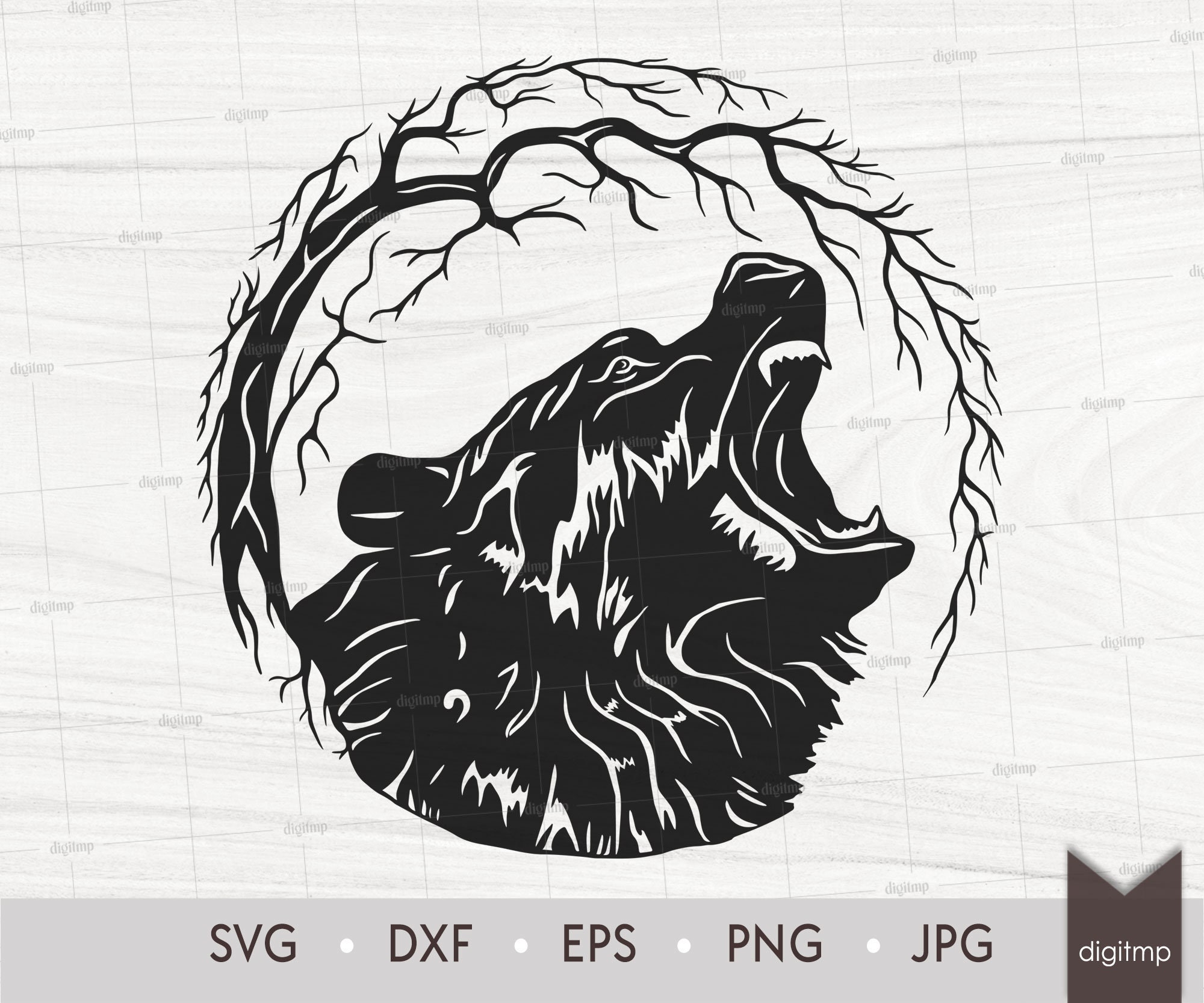 Round Tree With Roar Bear Scene. Laser Cut Template. Wildlife Scene ...