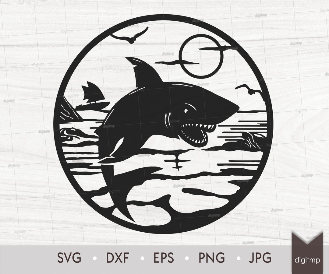 Jumping Angry Shark in Sea on Sunset Scene. Laser Cut Template. Sea ...