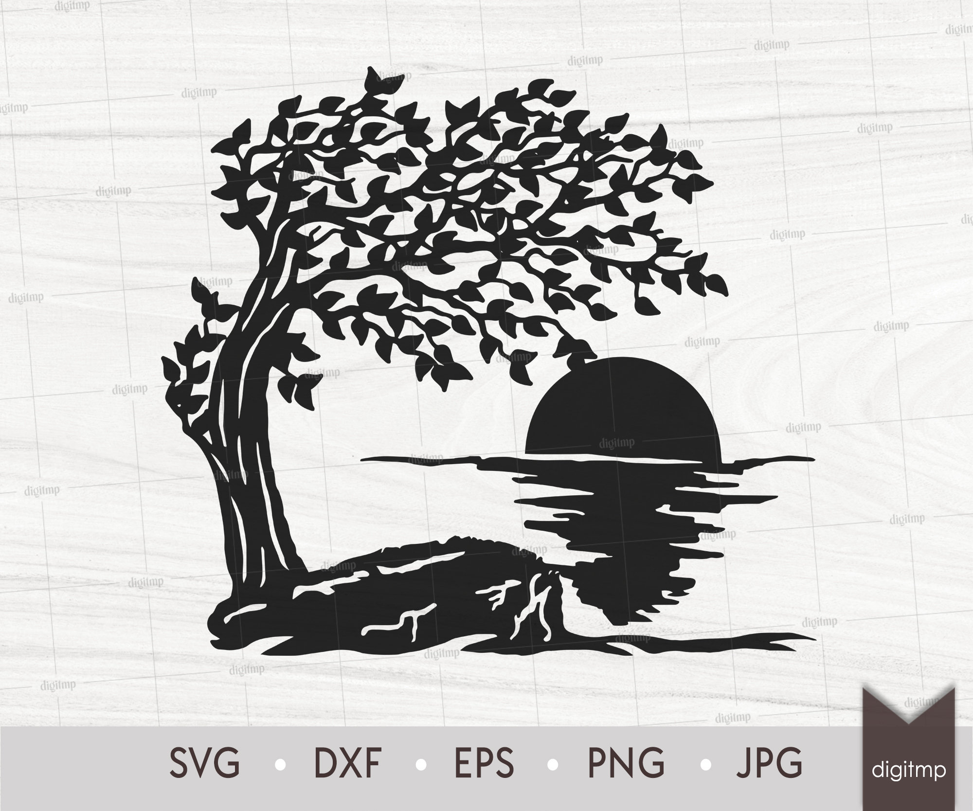 Wind Tree on Cliff on Sunset Laser Cut Template: Nature Scene (SVG, DXF ...