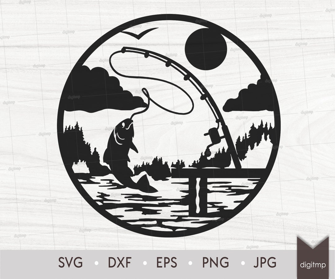 Fishing With Rod on Dock in Forest River. Laser Cut Template. Lifestyle ...