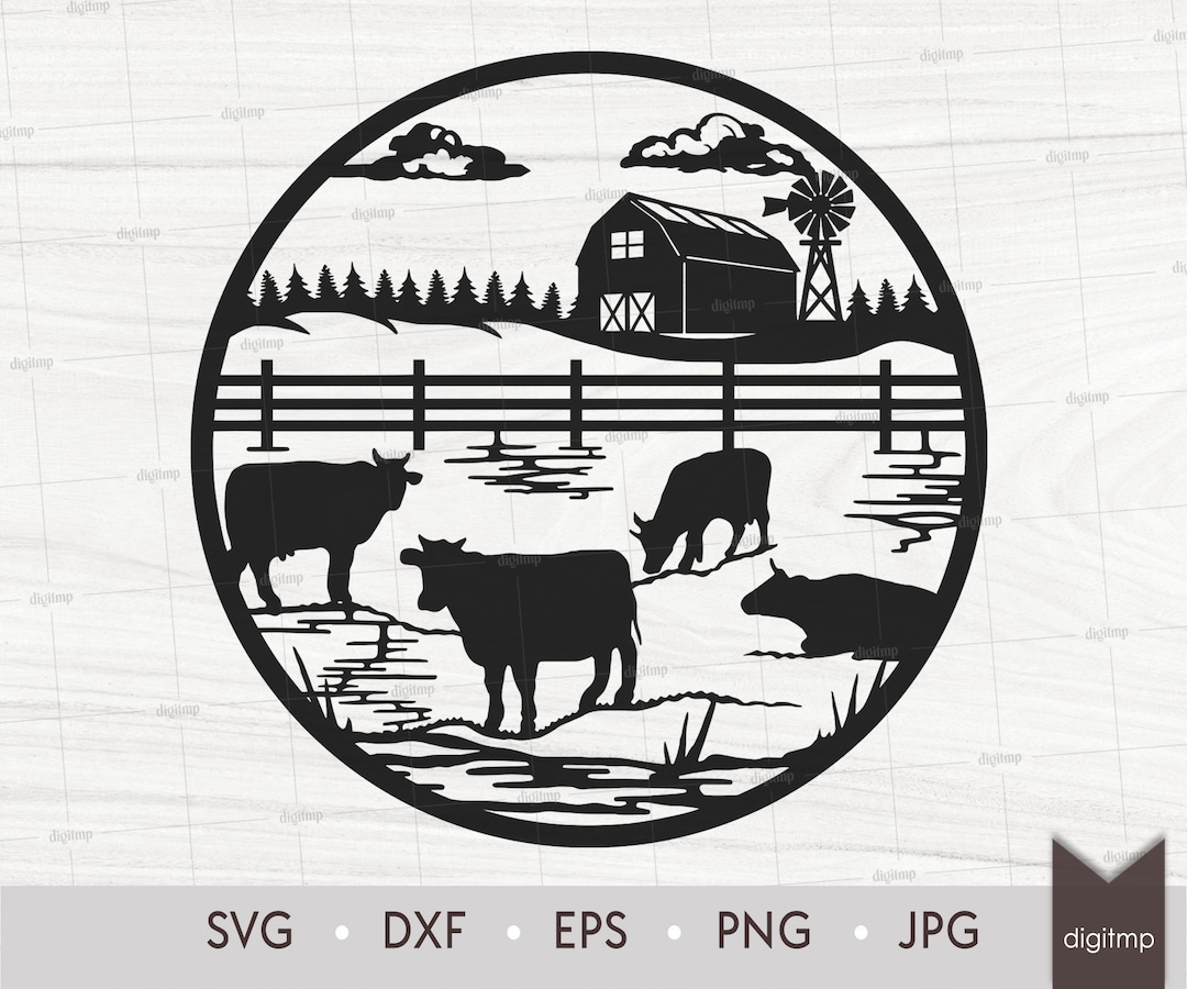 Forest Farm and Cows on Hill Laser Cut Template: Landscape Scene (SVG ...