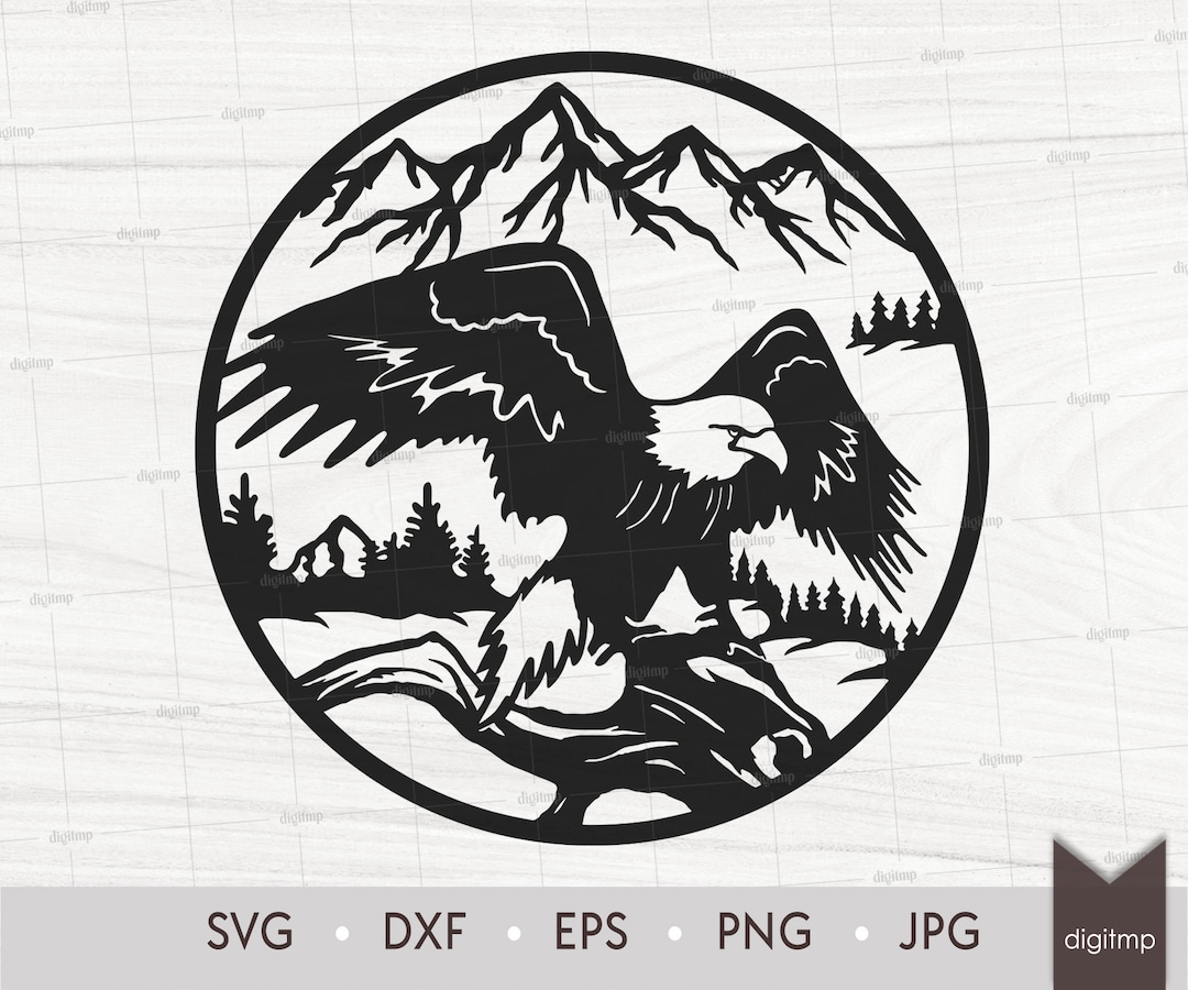 Eagle on Tree Branch in Mountains Laser Cut Template: Birds Scene (SVG ...