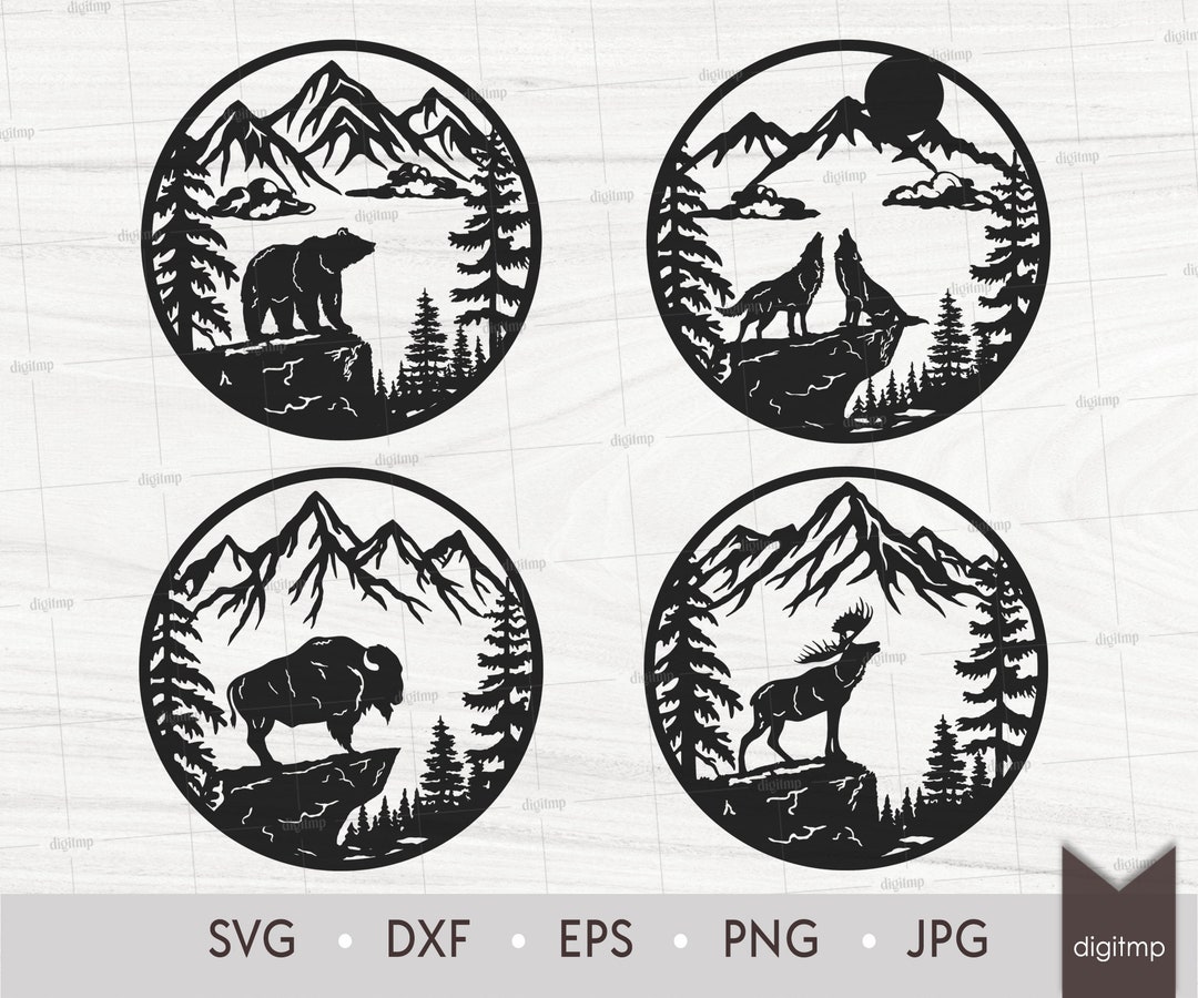 Walking Bear. Howling Wolves. Moose and Buffalo in Mountains Set. Laser ...