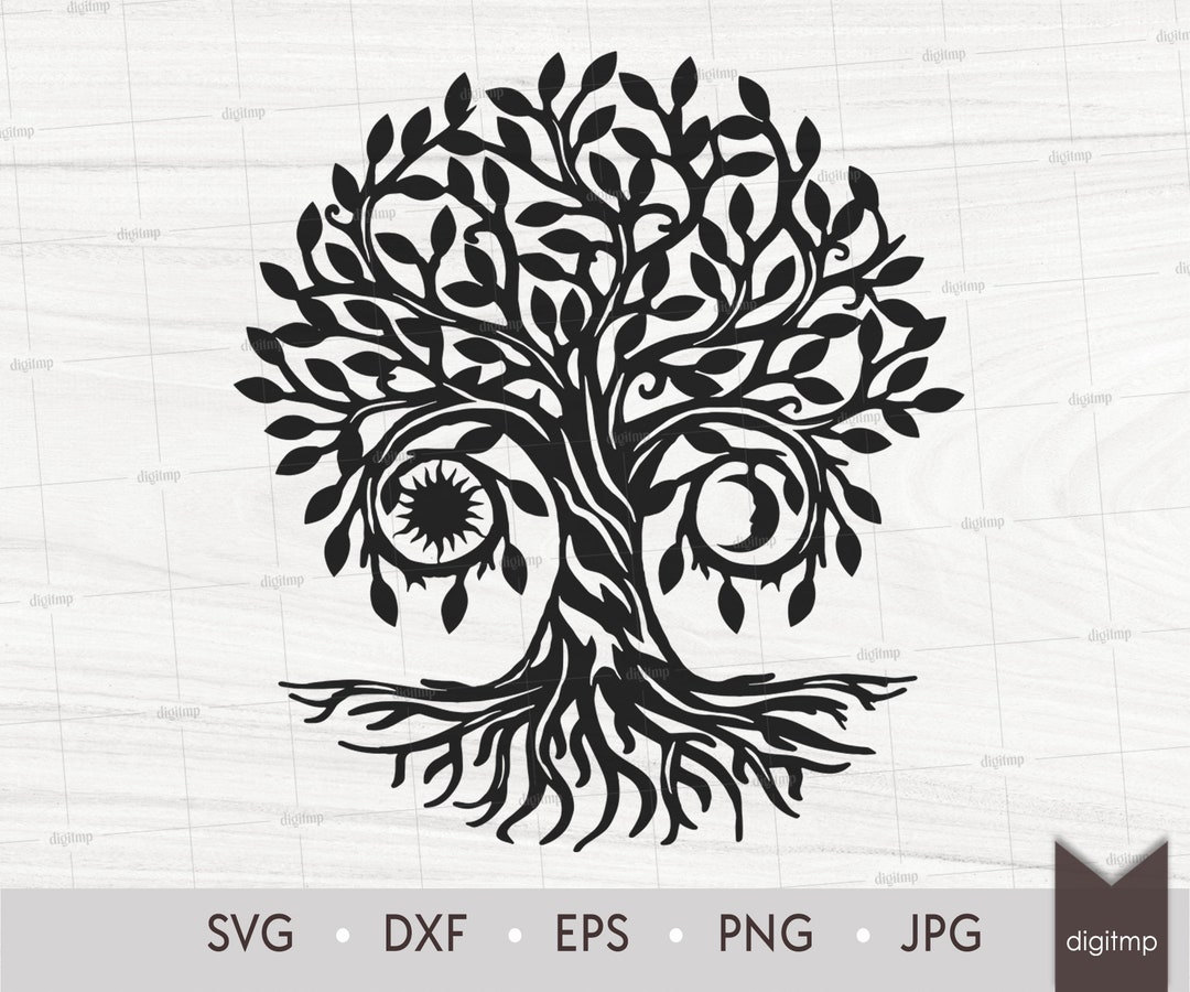 Leafy Tree With Sun and Moon and Roots. Laser Cut Template. Tree of ...