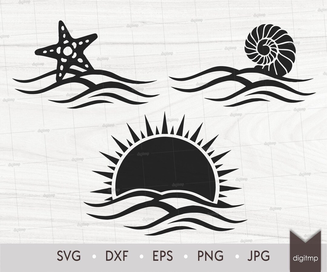 Sea Star Seashell and Sun on Sea Wave Laser Cut Template. Sea Scene ...
