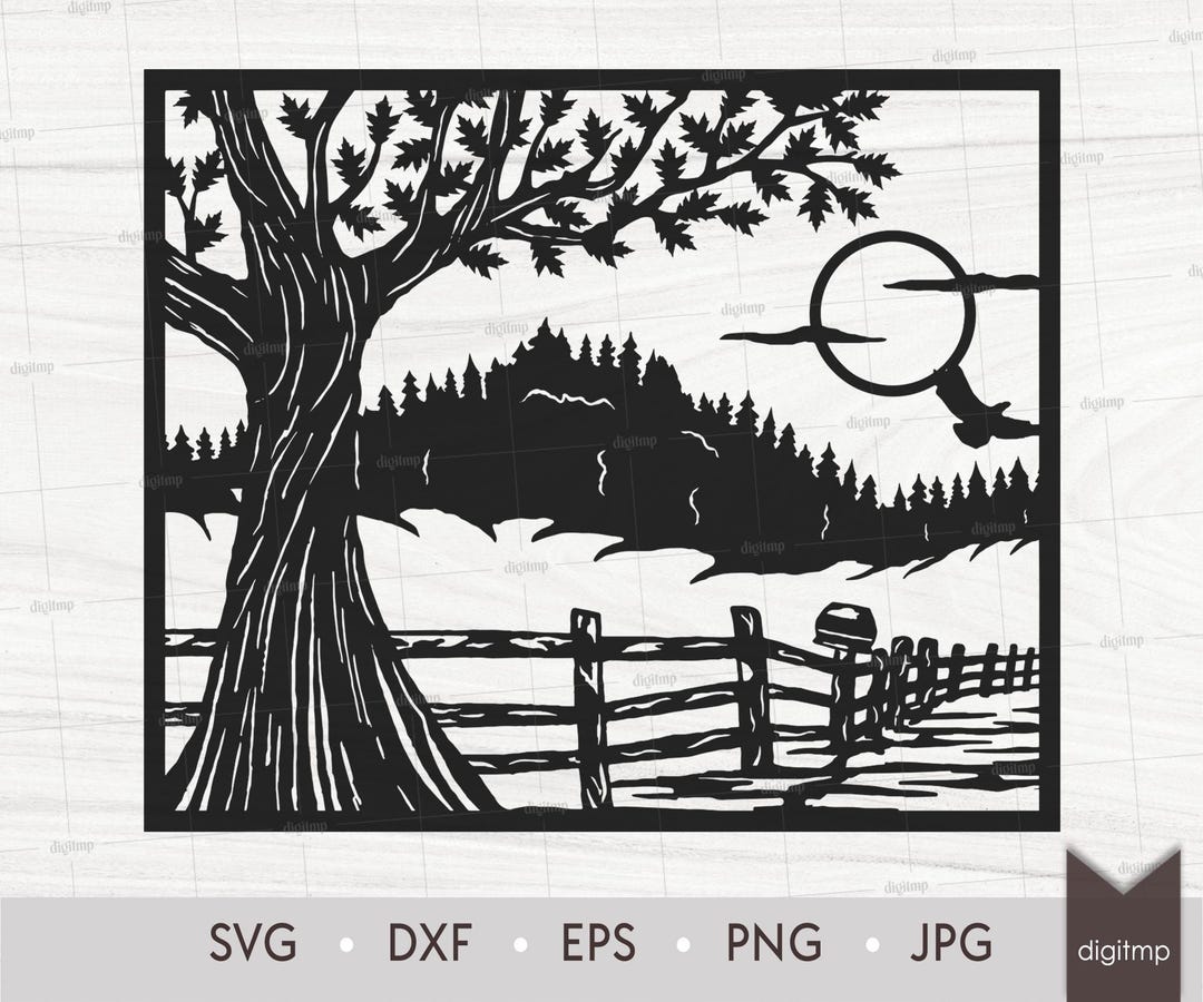 Oak Tree With Rustic Fence Forest Landscape Sunset Scene. Laser Cut ...