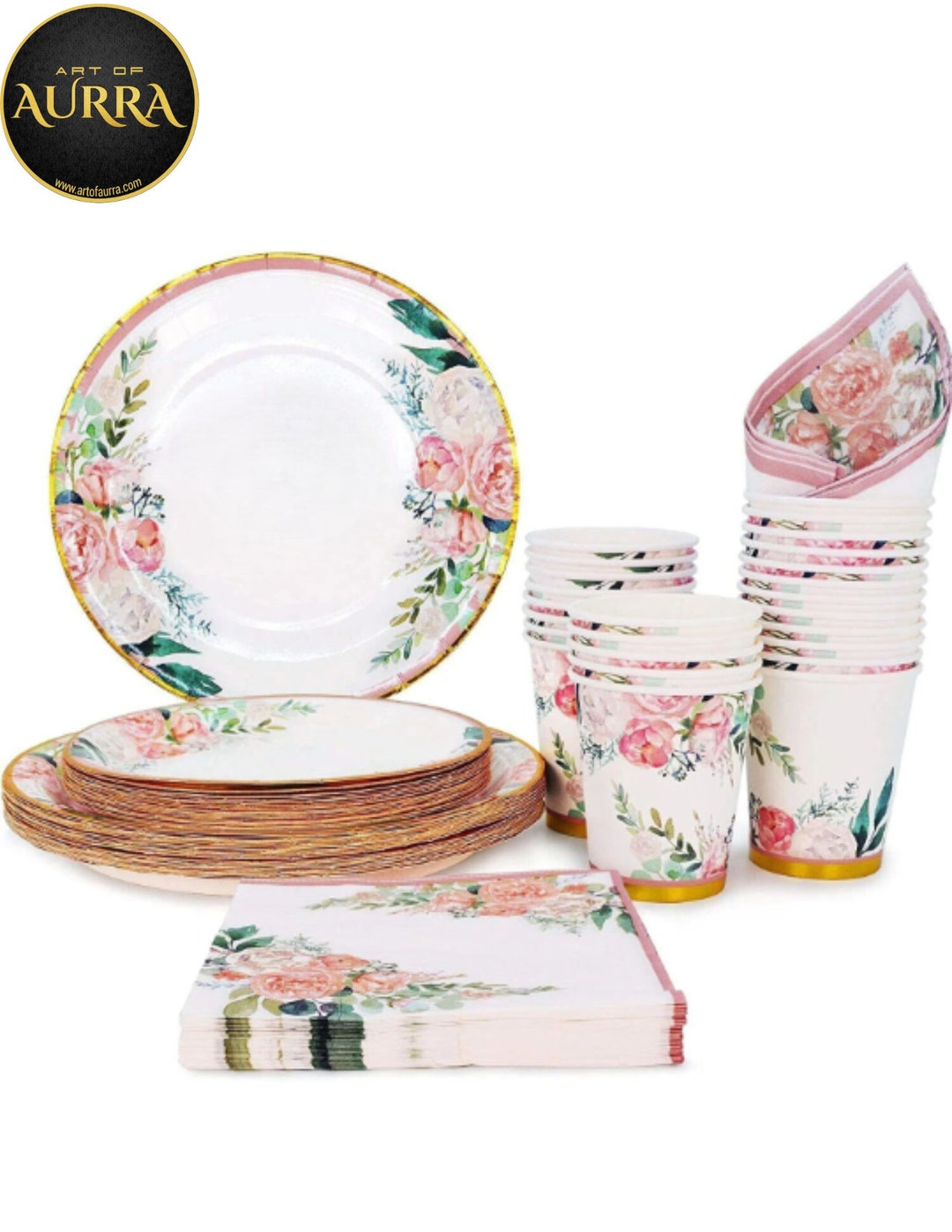 Floral Pink Disposable Party Set: Plates Cups for 25 Guests - Etsy