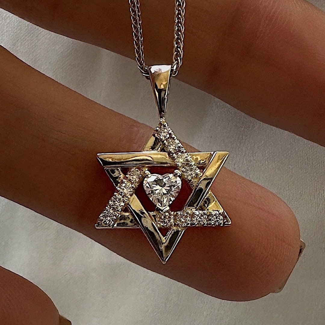 14K Solid Gold Star of David (star of David) Necklace Set With a Lab ...