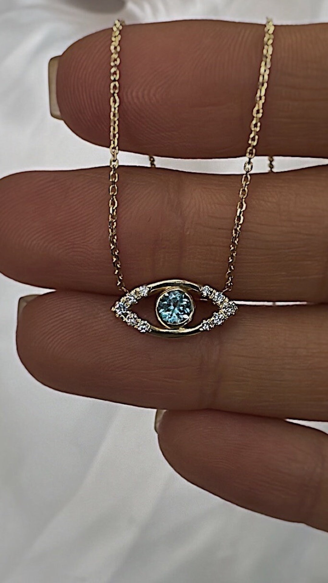 Eye Necklace. 14K Solid Gold Central Gemstone Topaz and 6 Diamonds. - Etsy