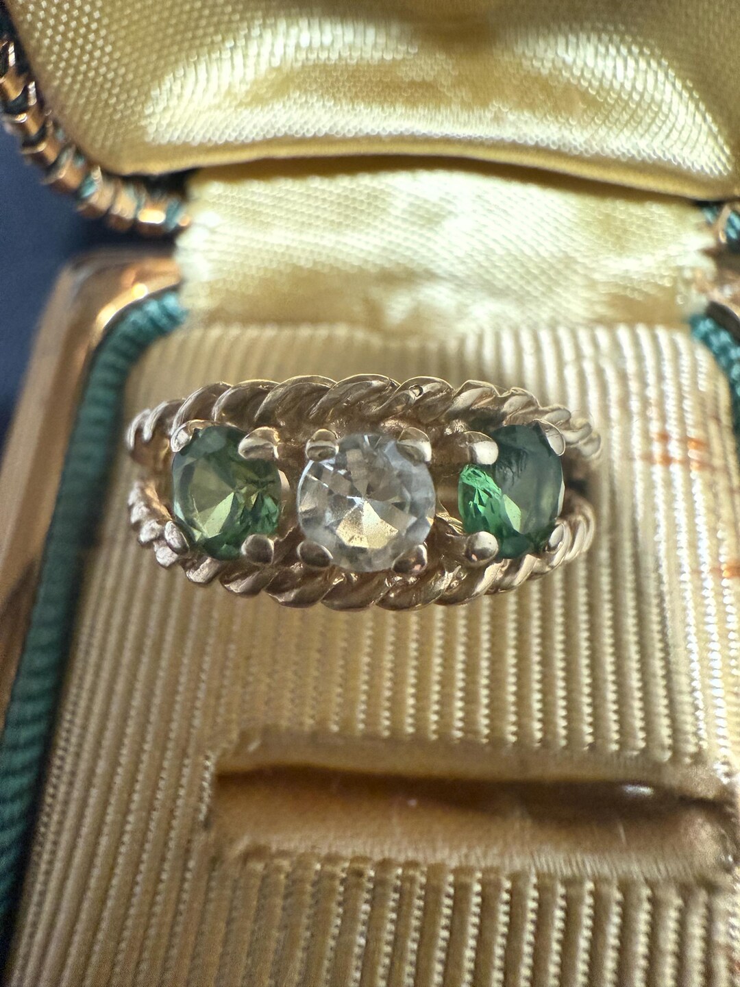 Antique Victorian Twisted Rope Motif 10k Gold Colorless and Green Three ...