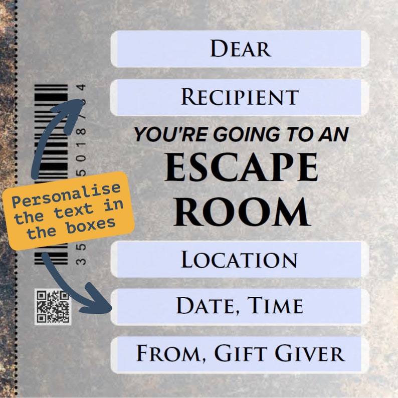 Personalised Printable ESCAPE ROOM Gift Ticket. Instant PDF Digital ...