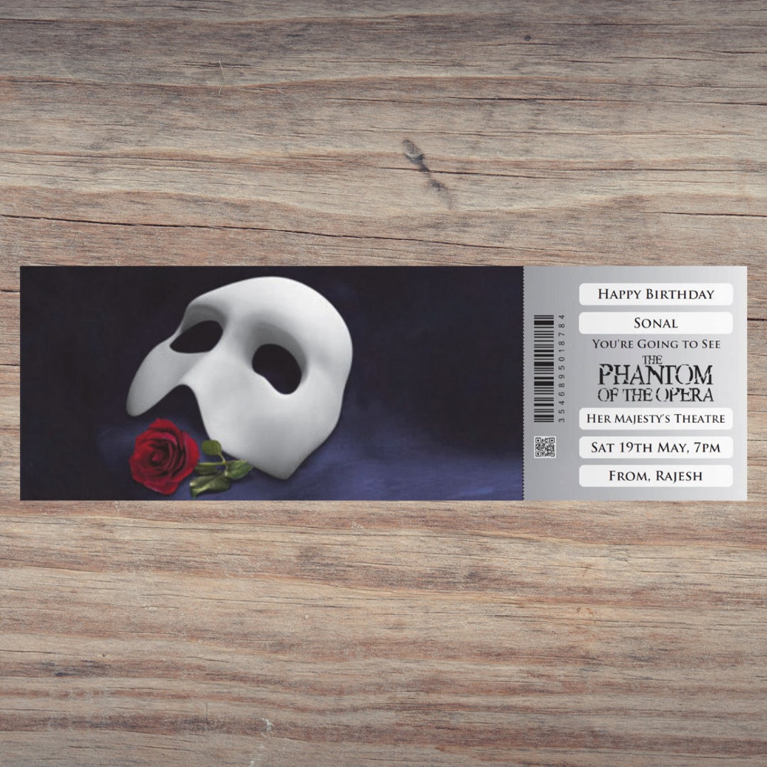 Personalised Printable PHANTOM of the OPERA Gift Ticket. Instant PDF ...