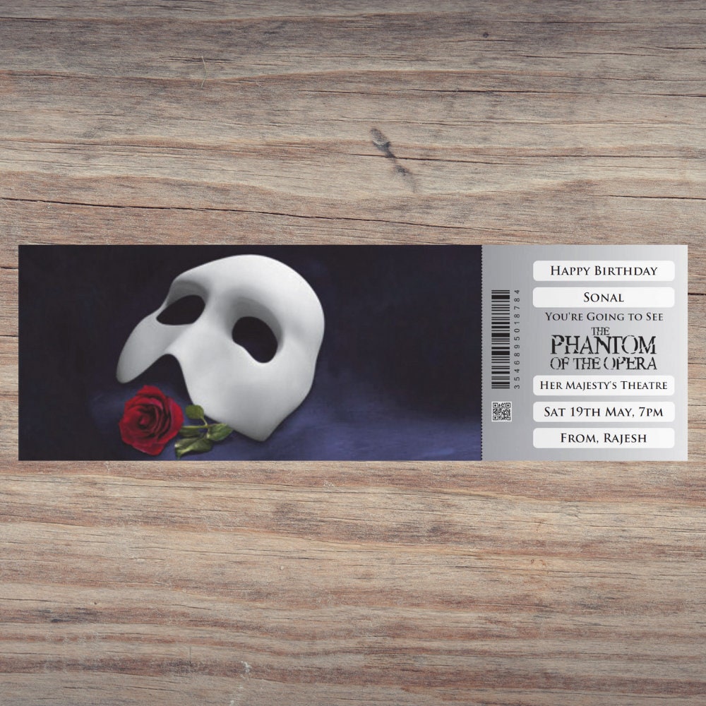 Personalised Printable PHANTOM of the OPERA Gift Ticket. Instant PDF ...