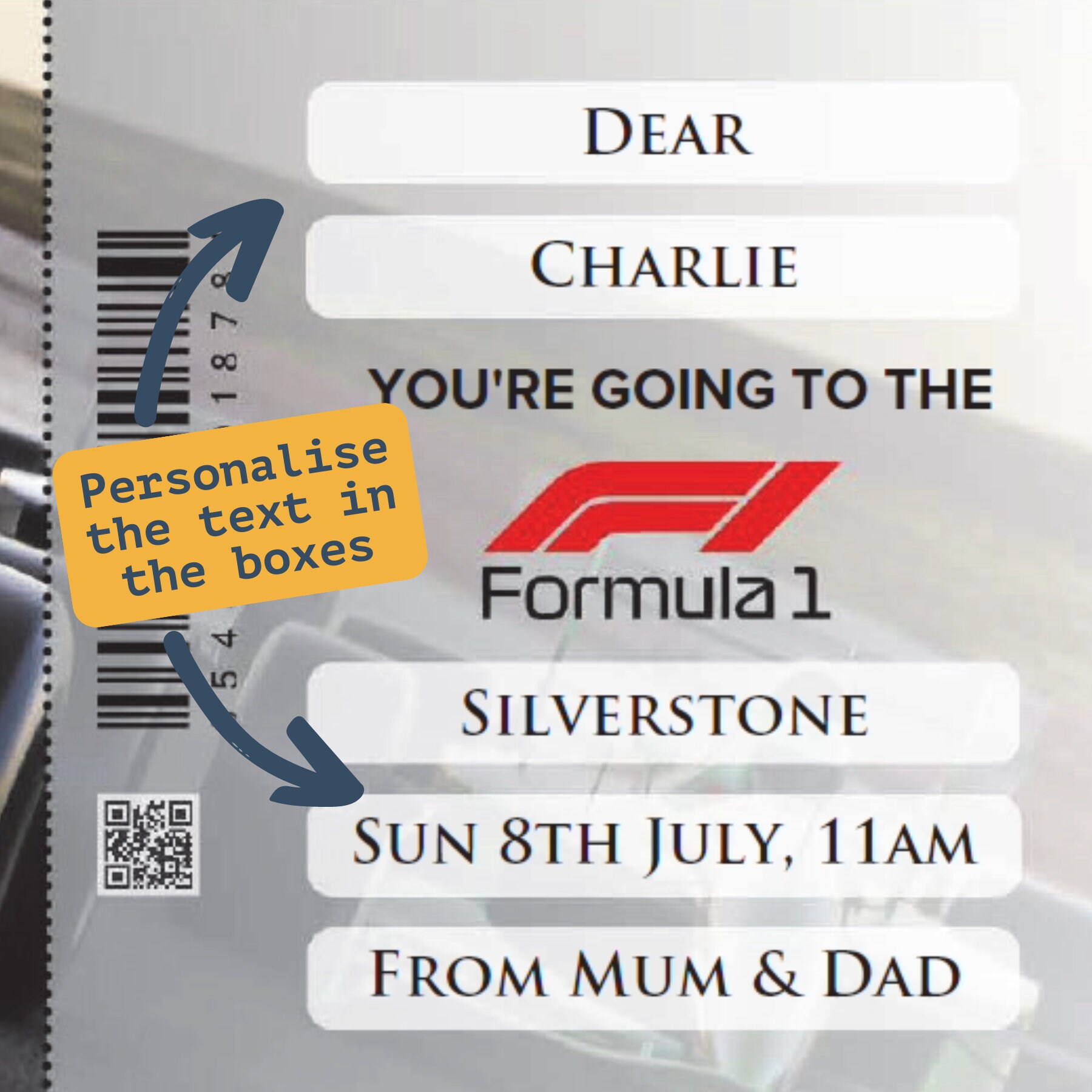 Personalised Printable FORMULA 1 ONE Gift Ticket. Instant PDF Digital ...