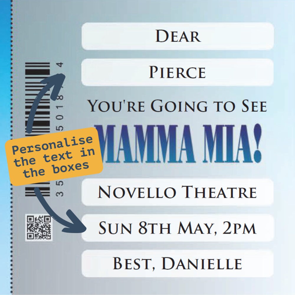 Personalised Printable MAMMA MIA Gift Ticket. Instant PDF Digital ...