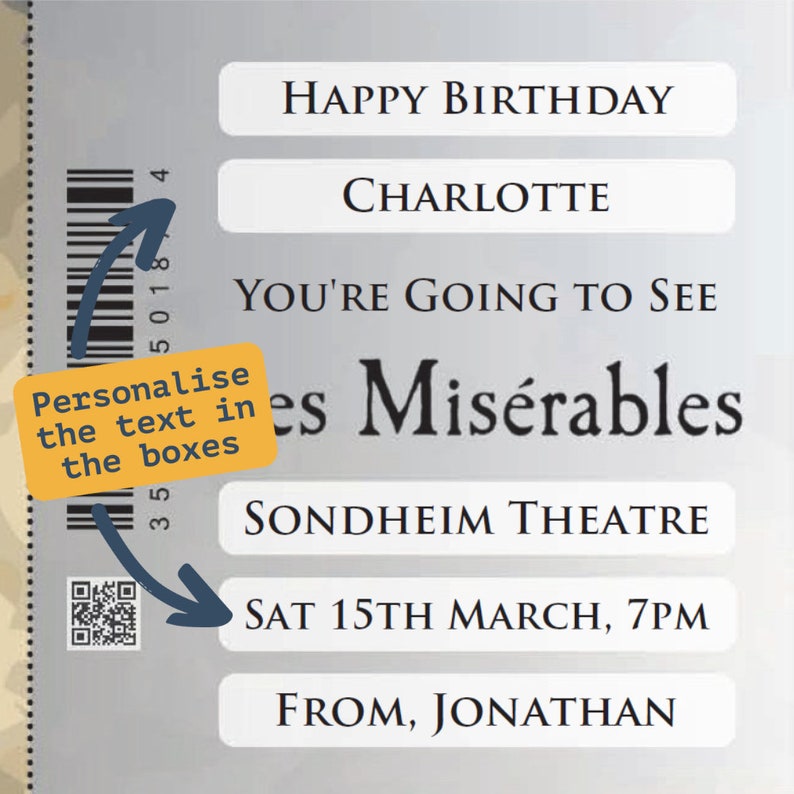 Personalised Printable LES MISERABLES Gift Ticket. Instant PDF Digital ...