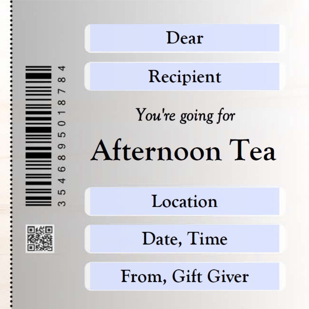 Personalised Printable AFTERNOON TEA Gift Ticket. Instant PDF Digital ...