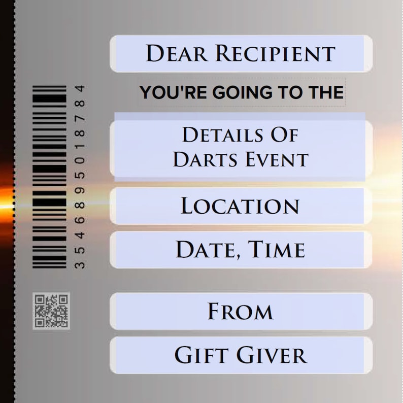 Personalised Printable DARTS Event Gift Ticket. Instant PDF Digital ...