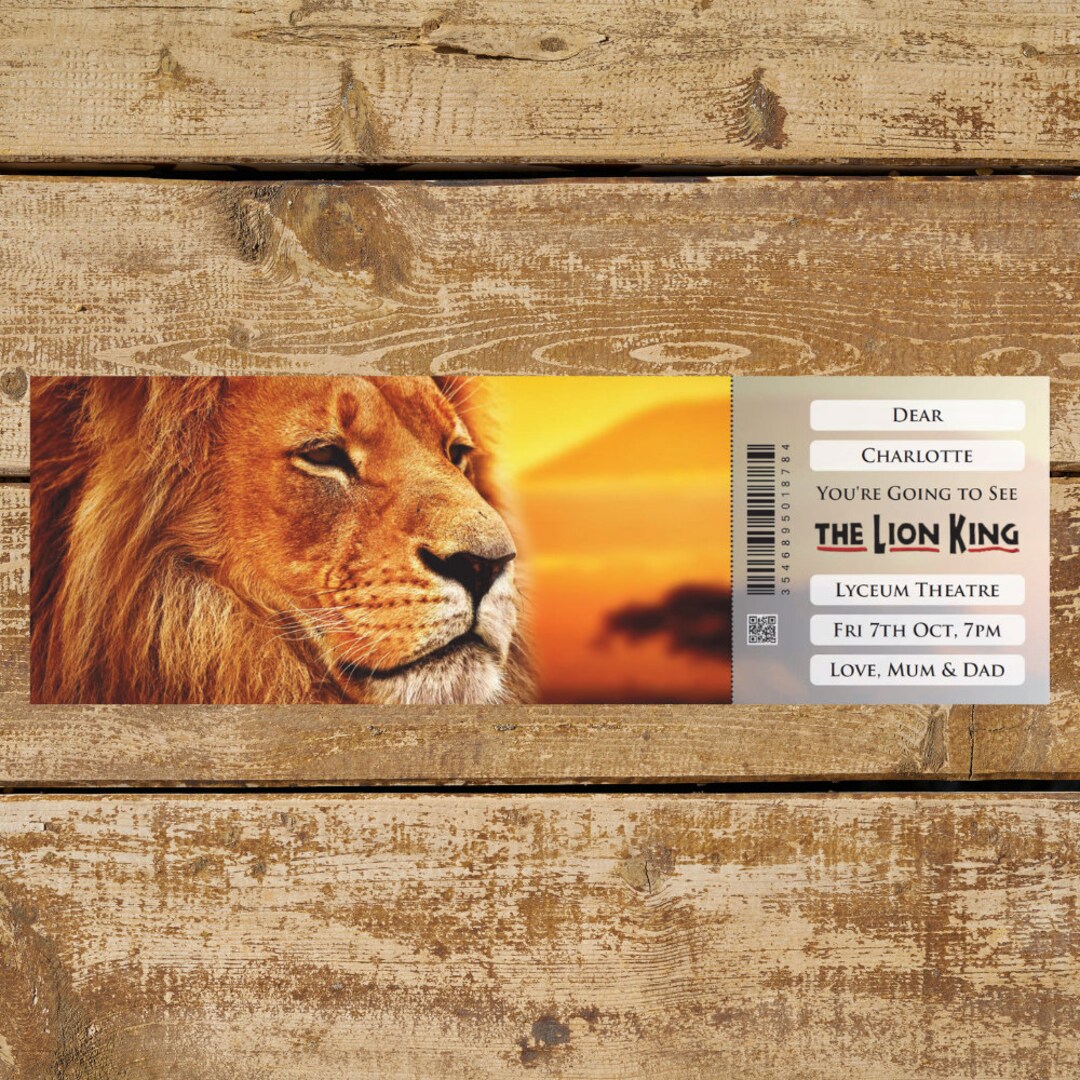 Personalised Printable LION KING Gift Ticket. Instant PDF Digital ...
