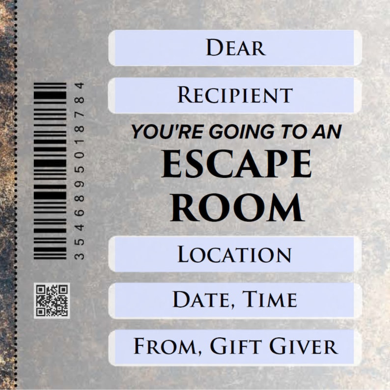Personalised Printable ESCAPE ROOM Gift Ticket. Instant PDF Digital ...