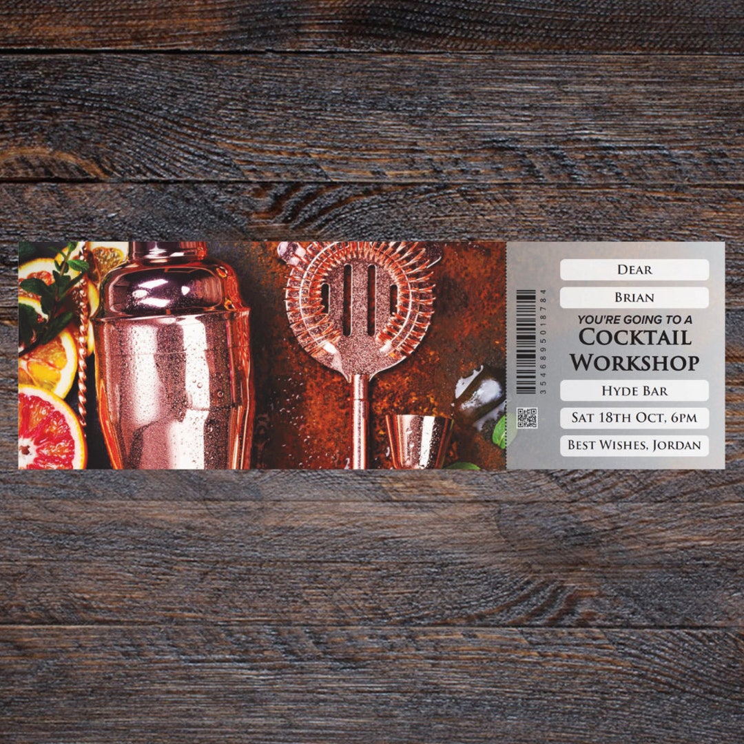 Personalised Printable COCKTAIL TASTING WORKSHOP Gift Ticket. Instant ...