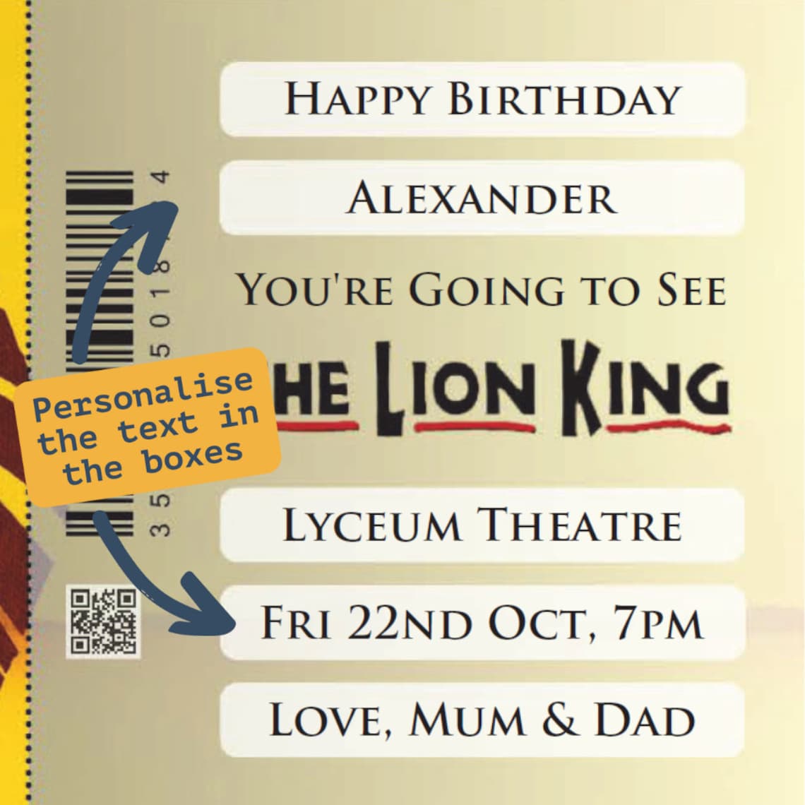 Personalised Printable LION KING Gift Ticket. Instant PDF Digital ...