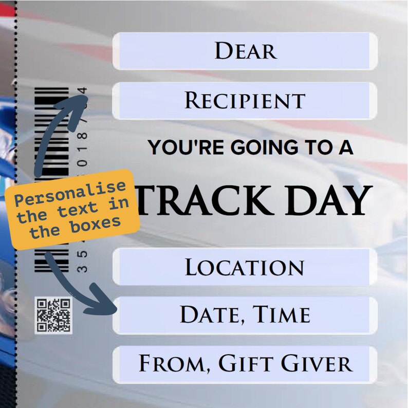 Personalised Printable RACE TRACK DAY Gift Ticket. Instant Pdf Digital ...