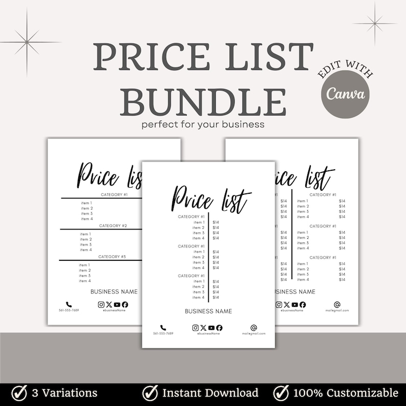 Price List Sign Template Editable Price List Bundle Template for Small ...