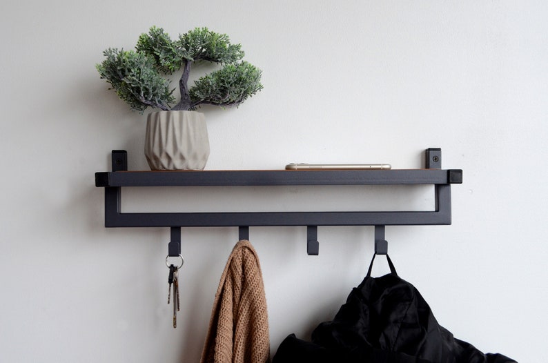 Wall Mounted Entryway Shelf With Hooks Unique Floating Metal - Etsy