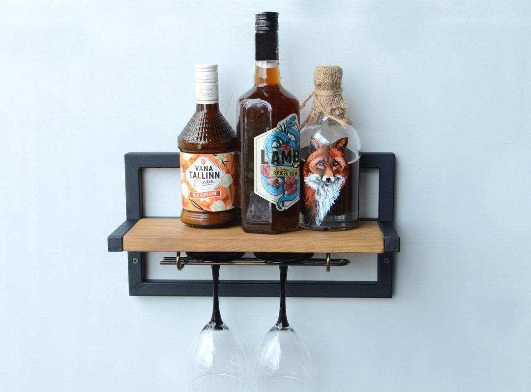 Wall Mount Bar Shelf With Wine Glass Rack Handcrafted Rustic Wood Bar ...