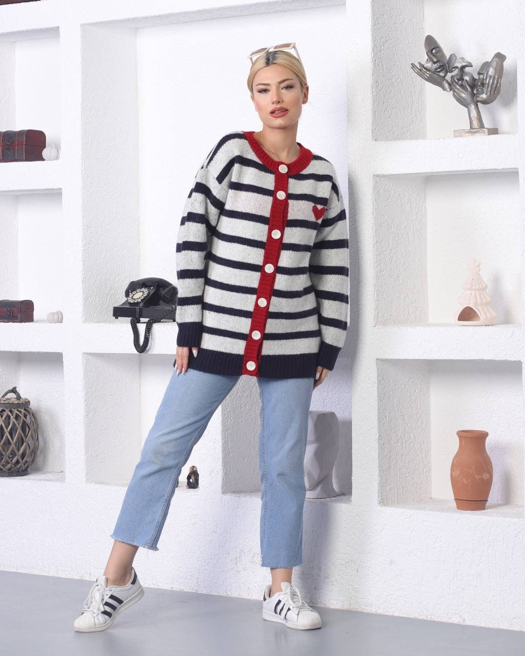 Heart Pattern Striped Sweater, Red Heart Knit Cardigan, Valentines Gift ...